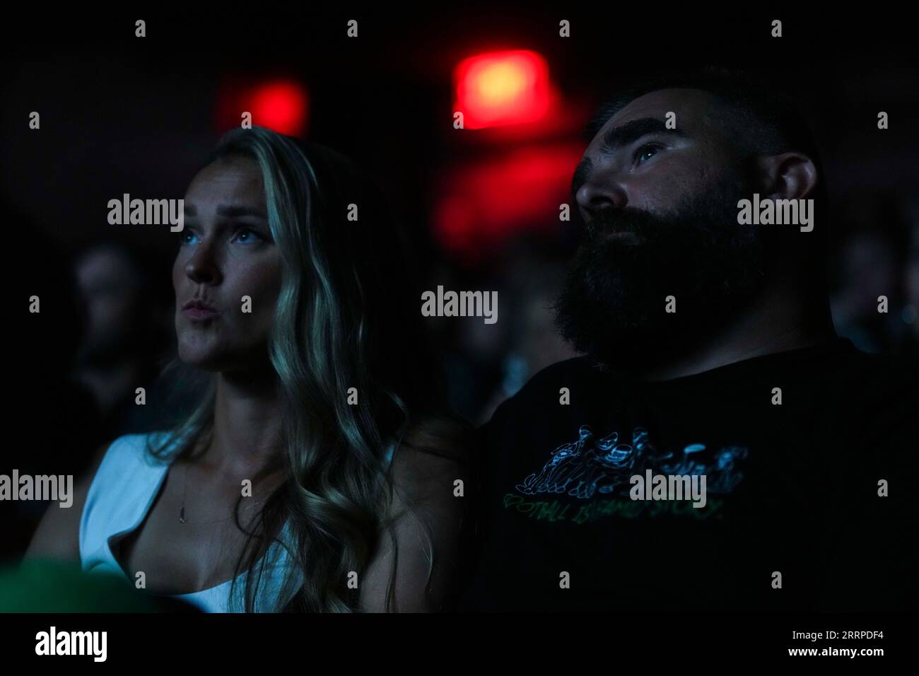 Kylie Kelce and Jason Kelce look on at the "Kelce" documentary premiere ...