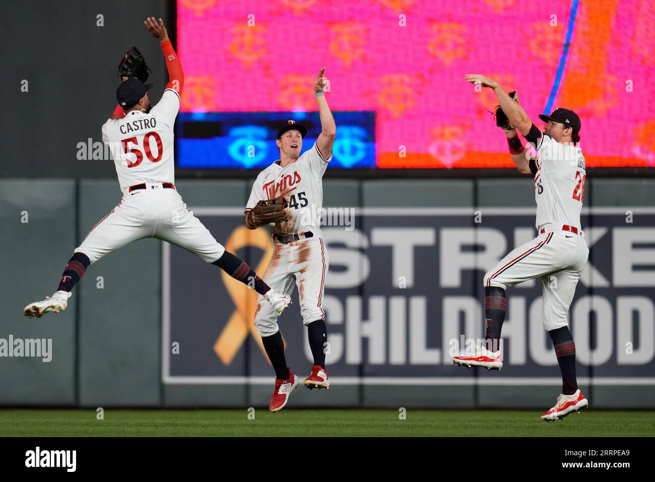 Minnesota Twins left fielder Willi Castro (50), center fielder Andrew ...
