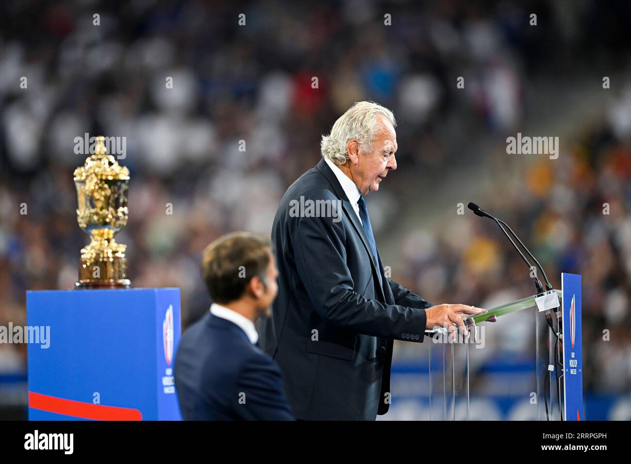 Paris, France. 08th Sep, 2023. Bill Beaumont and Emmanuel Macron during ...