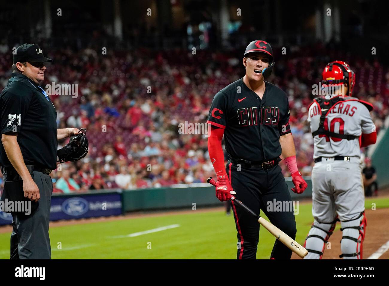 Cincinnati Reds' Tyler Stephenson reacts after striking out during the ...