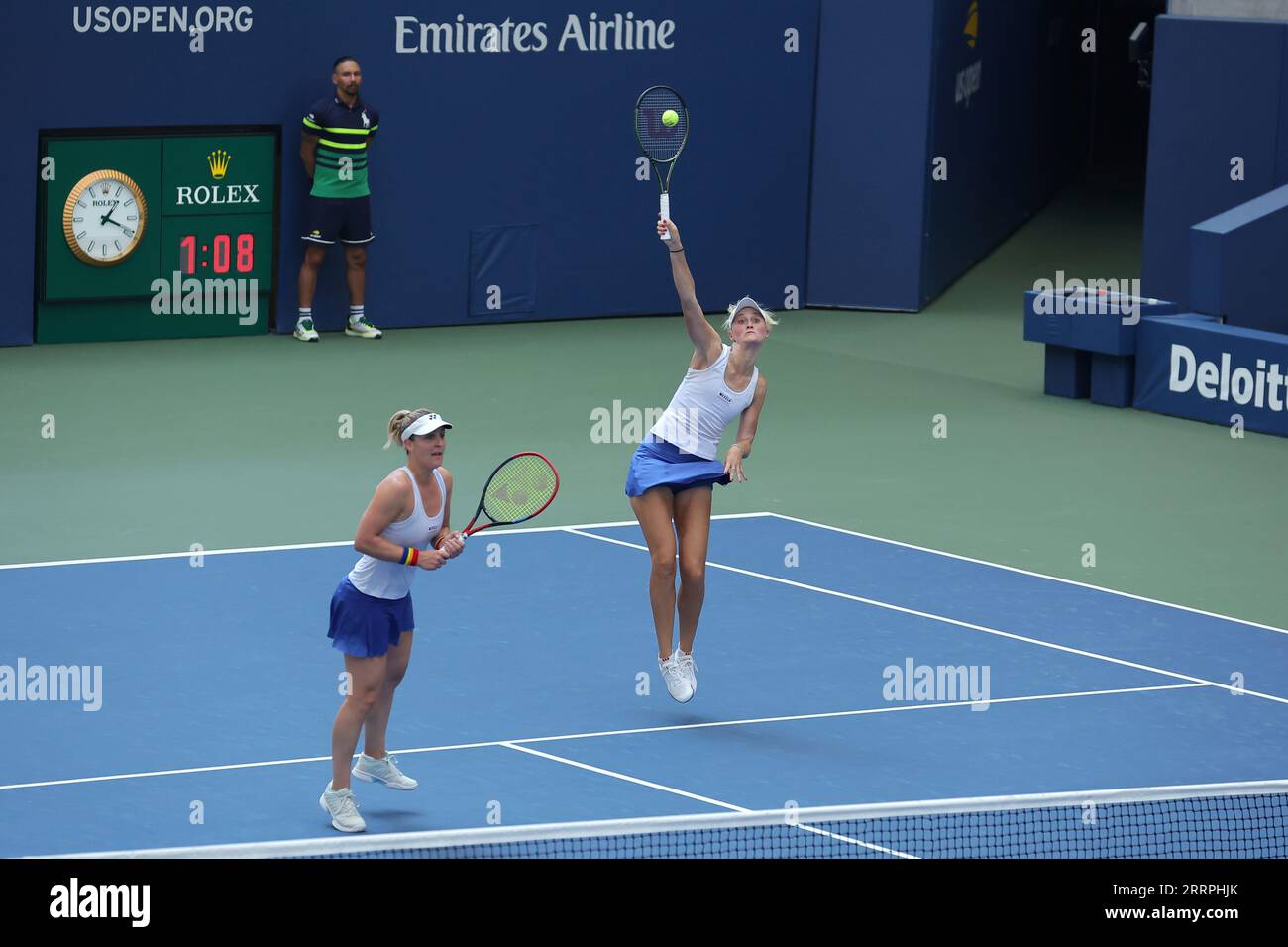 Gabriela Dabrowski and Erin Routliffe in action during a women's doubles semifinal match at the ...