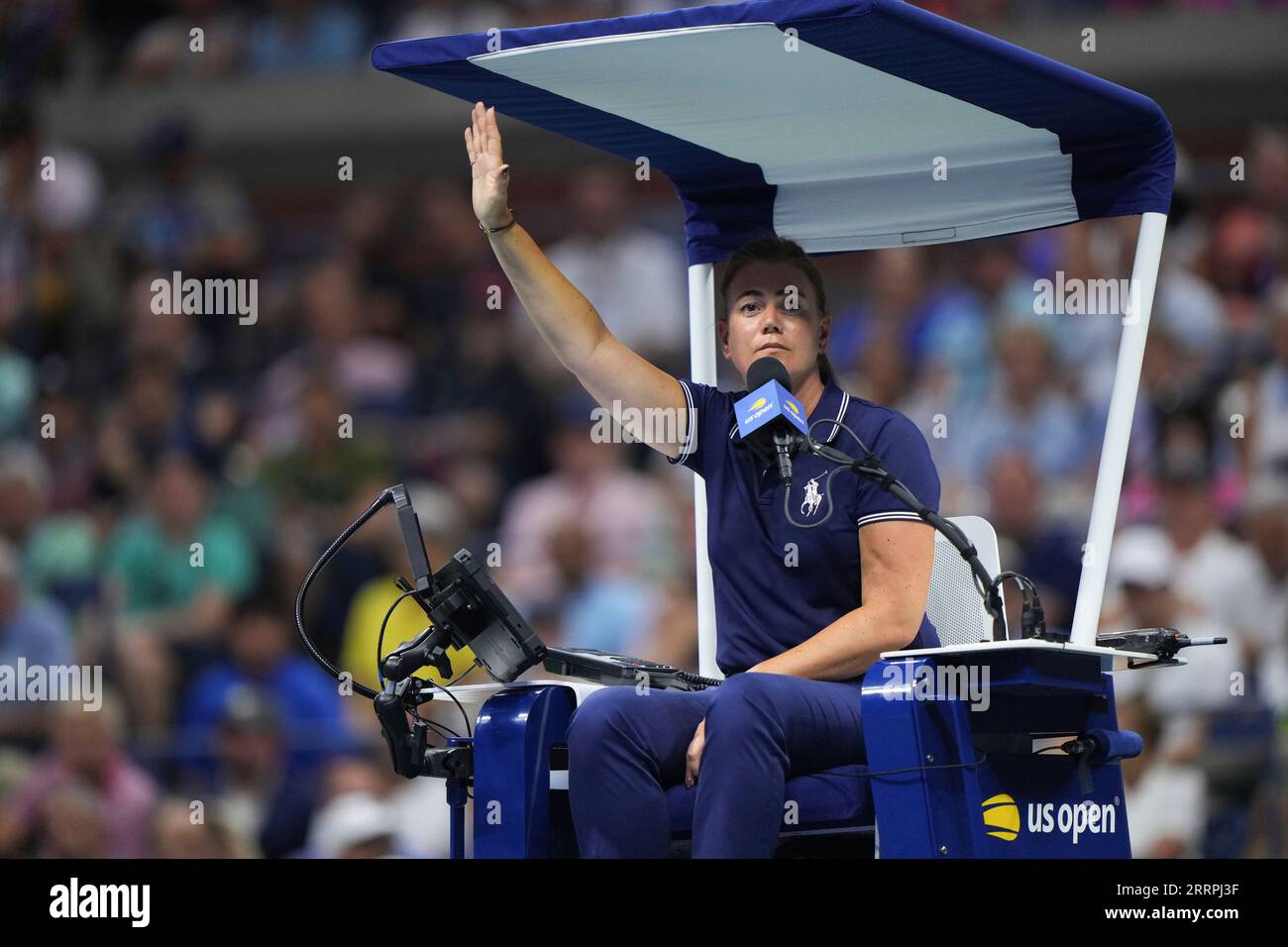 A chair umpire during a men's singles semifinal match at the 2023 US ...