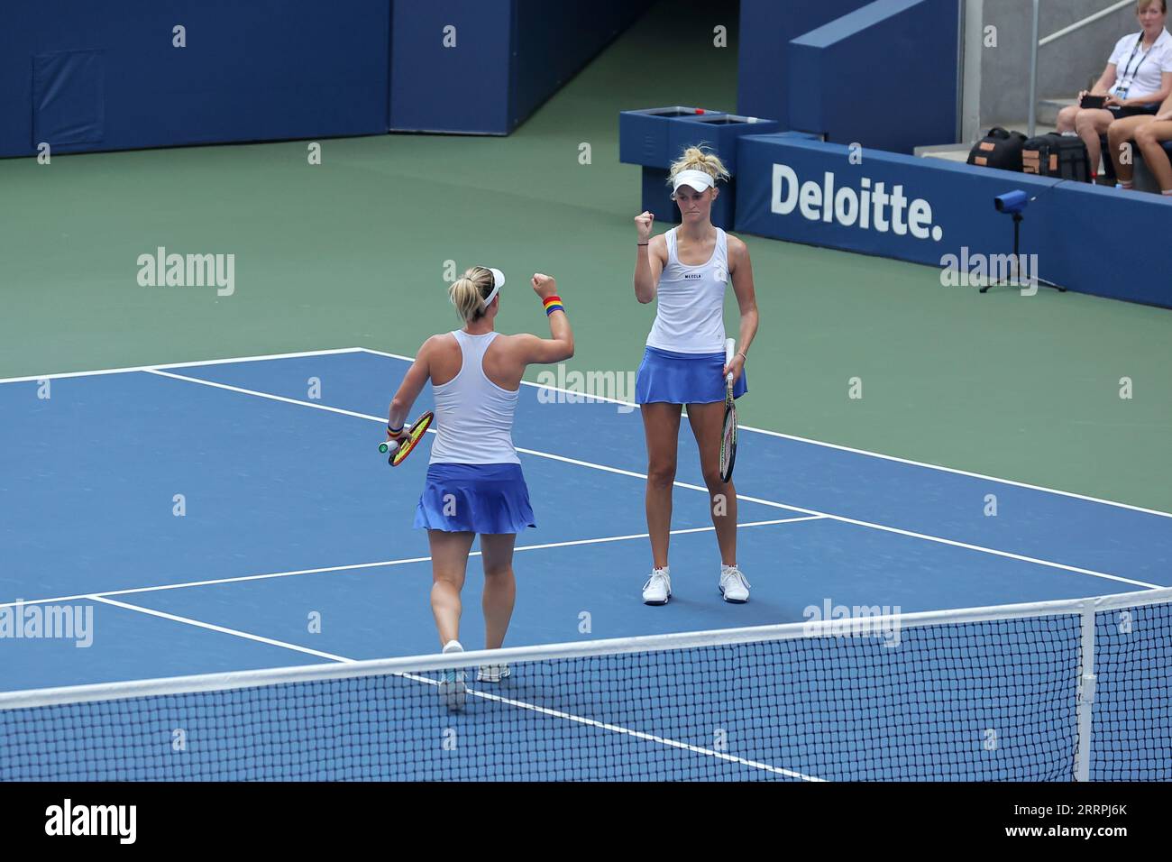 Gabriela Dabrowski and Erin Routliffe reacts during a women's doubles semifinal match at the ...
