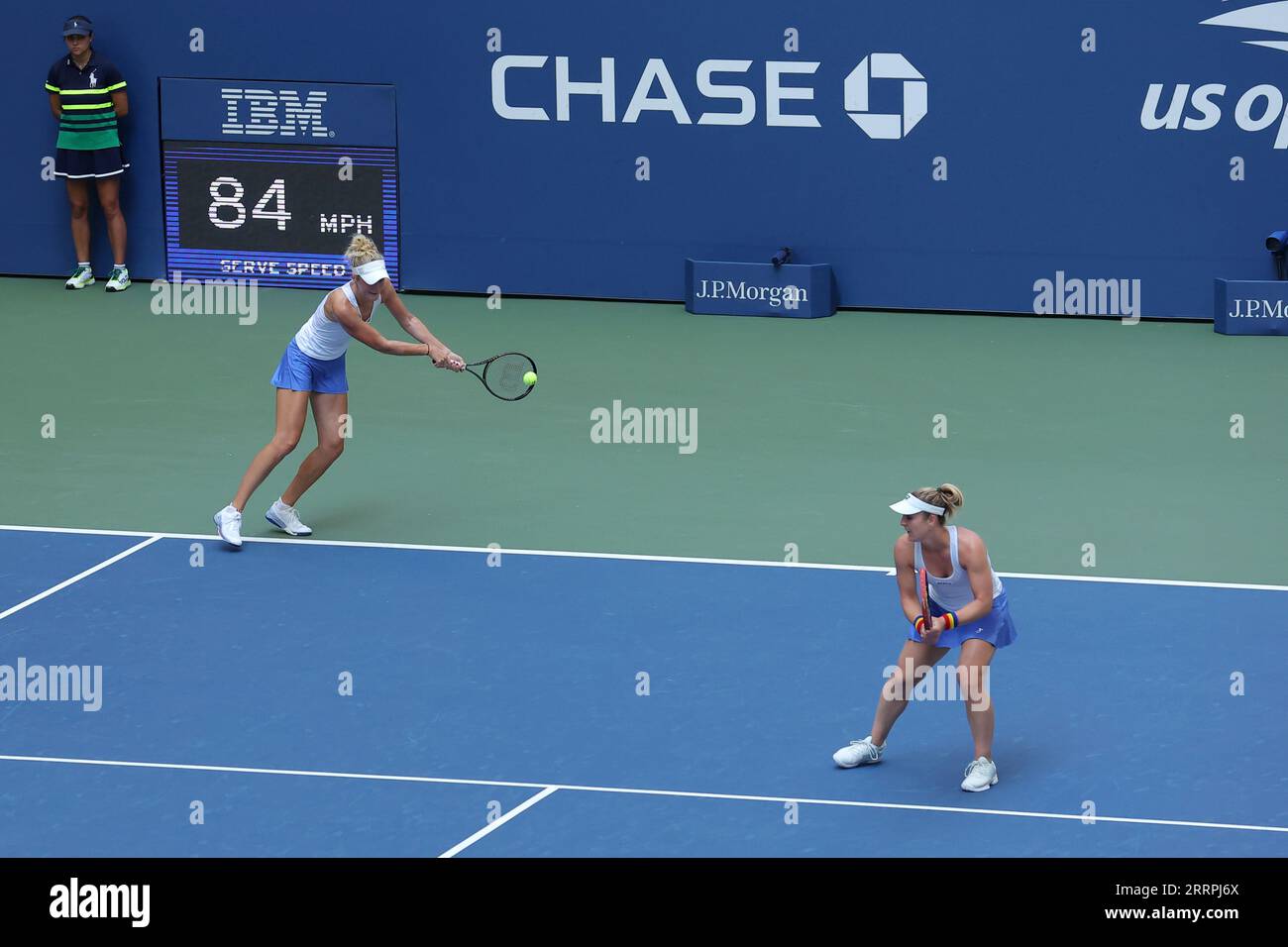 Gabriela Dabrowski and Erin Routliffe in action during a women's doubles semifinal match at the ...