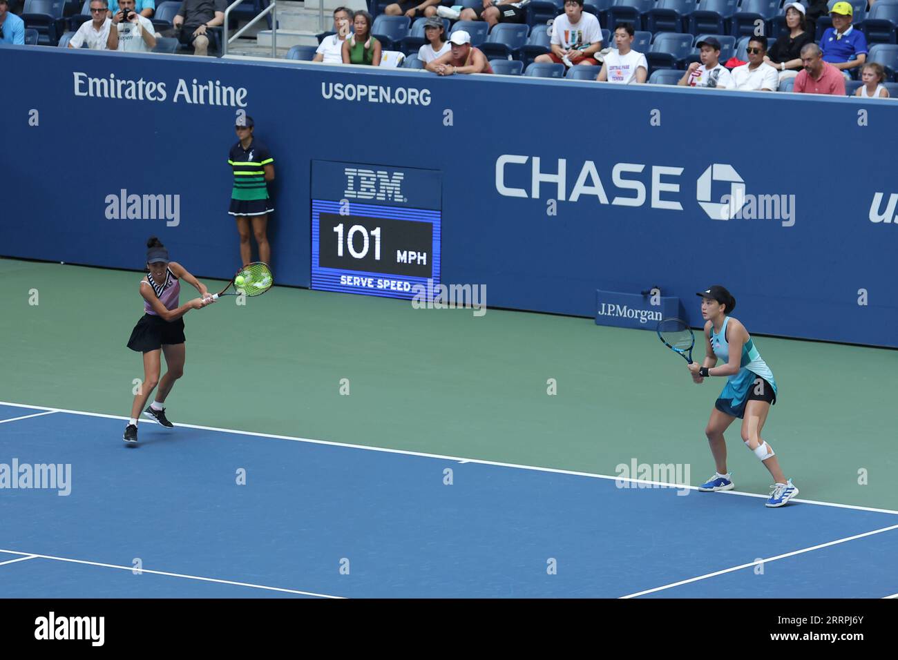 Xinyu Wang and Su-Wei Hsieh in action during a women's doubles ...