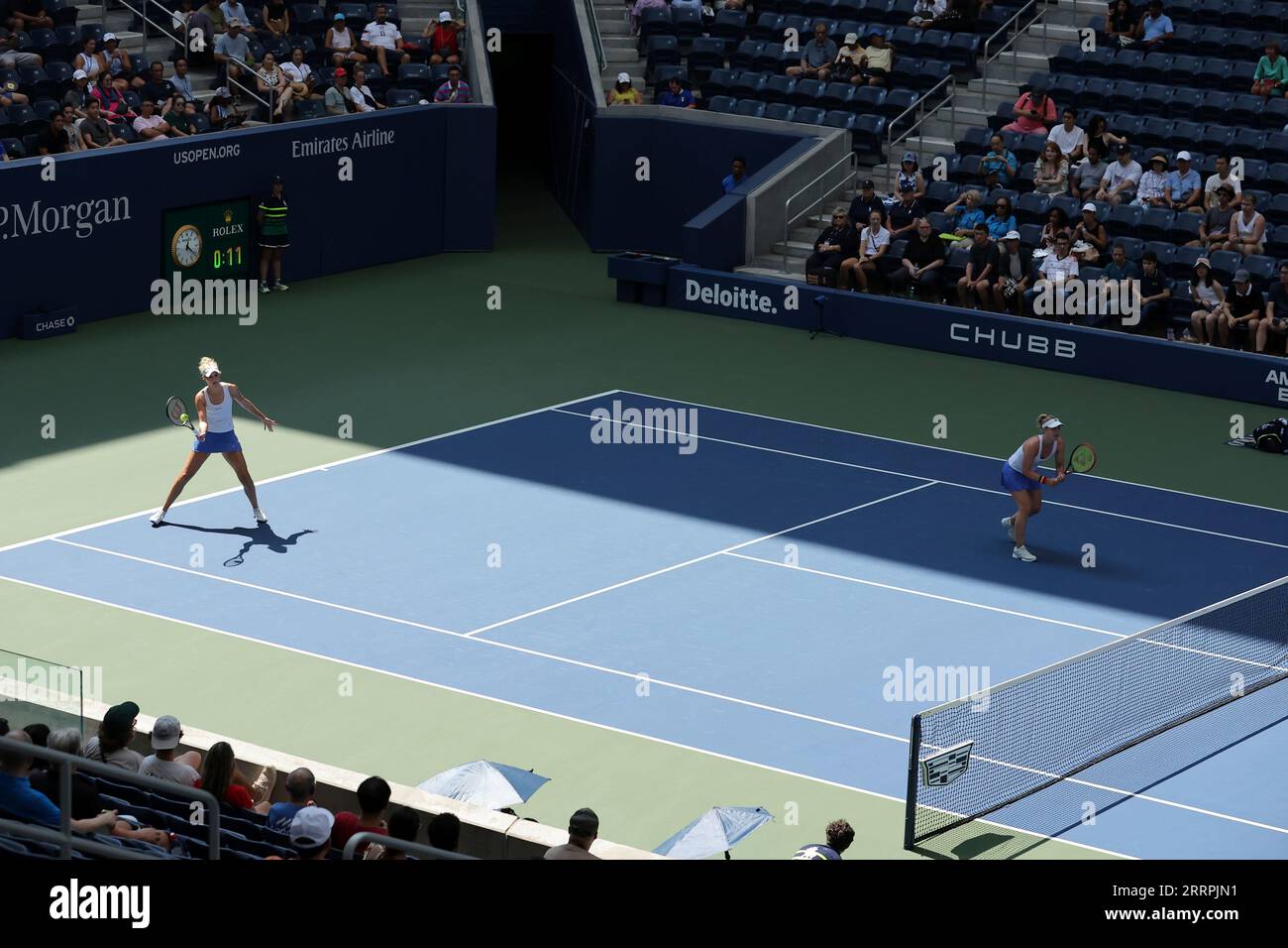 Erin Routliffe and Gabriela Dabrowski in action during a women's doubles semifinal match at the ...