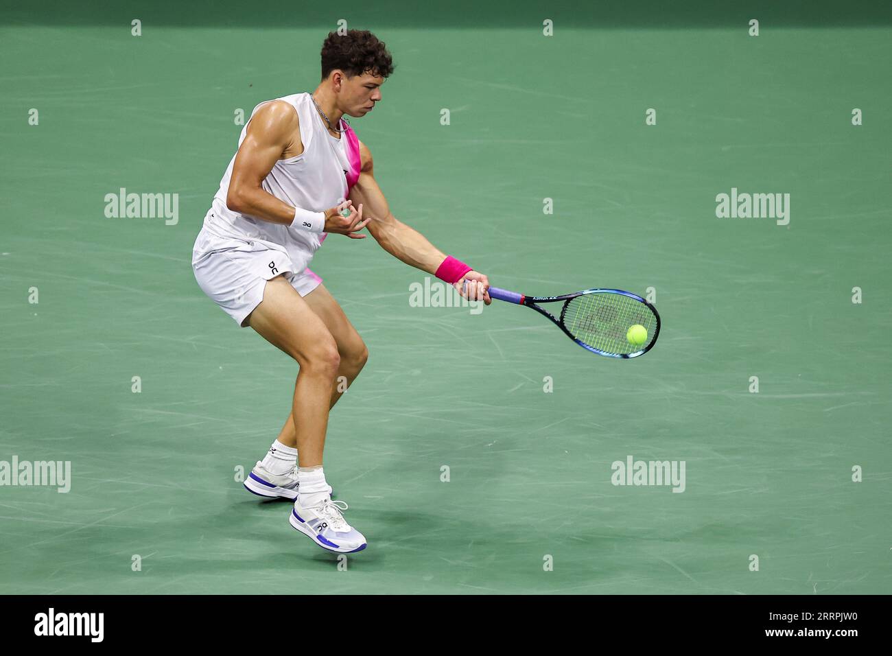 Ben Shelton hits a forehand during a men's singles semifinal match at ...