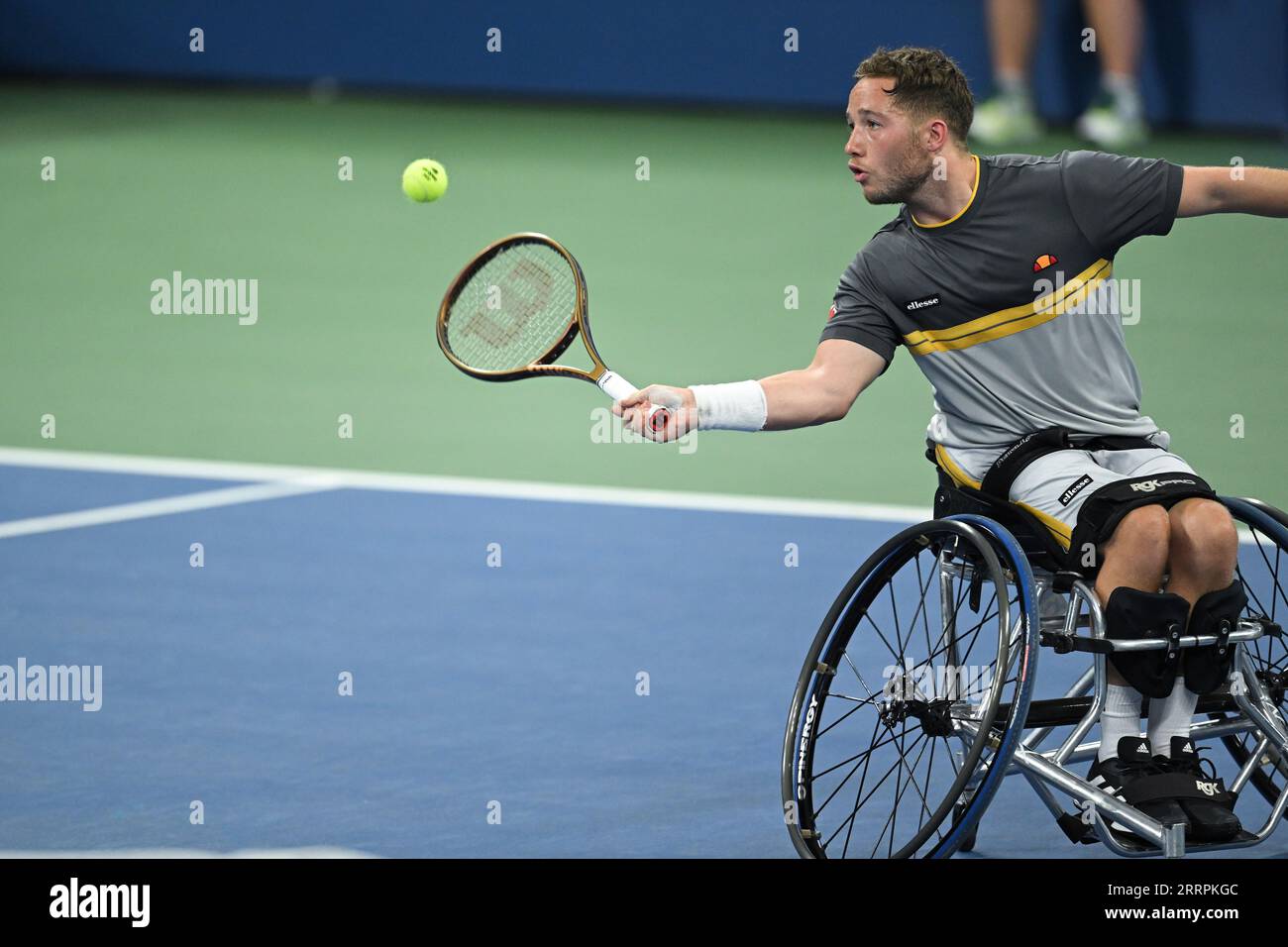 Alfie Hewett in action during a wheelchair men's singles semifinal match at the 2023 US Open ...