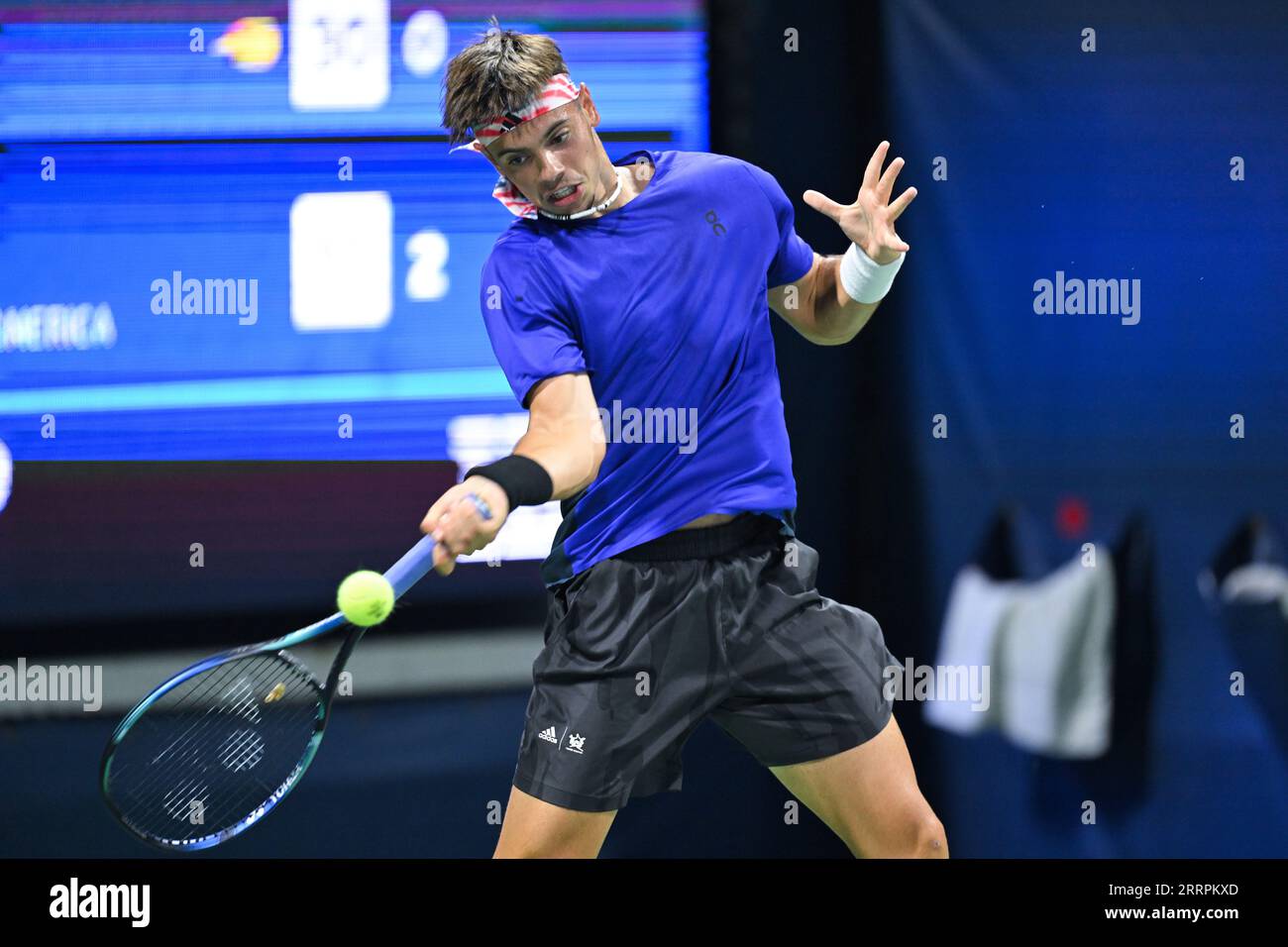 Arthur Gea in action during a junior boys' singles semifinal match at ...