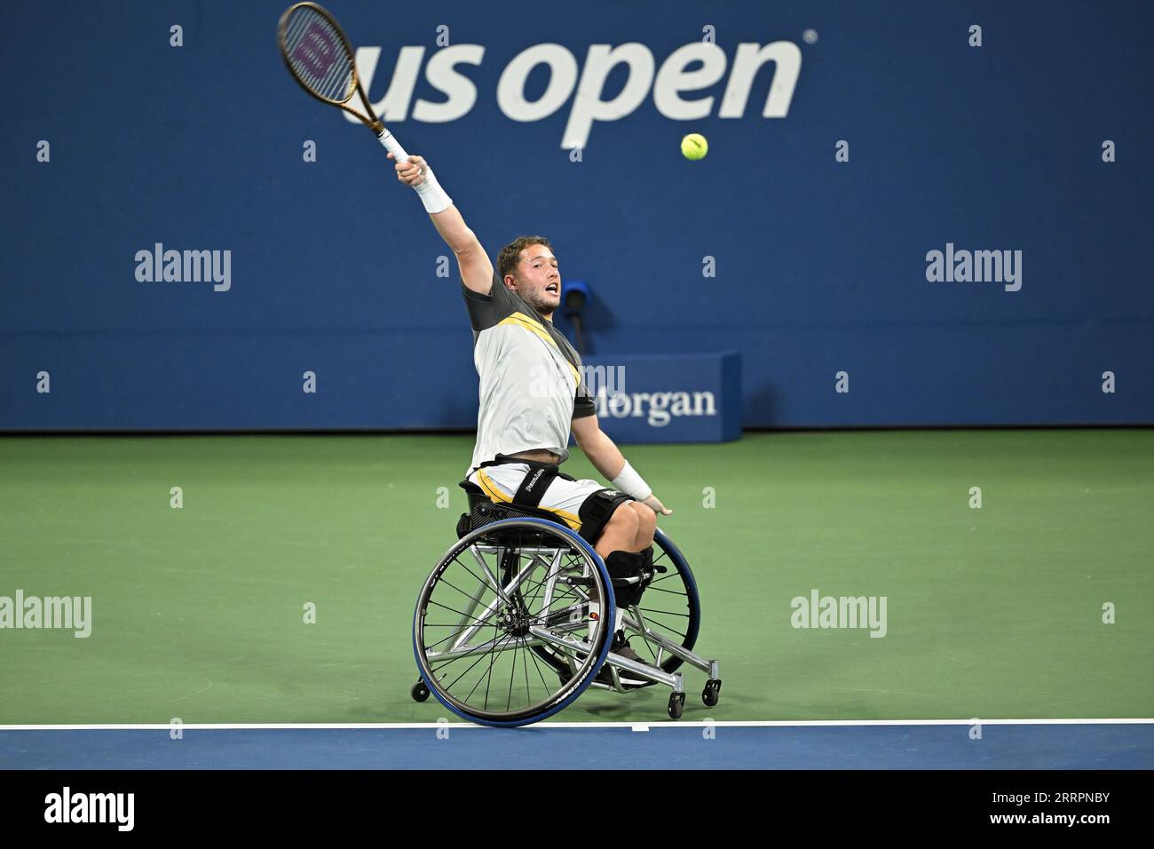 Alfie Hewett in action during a wheelchair men's singles semifinal match at the 2023 US Open ...