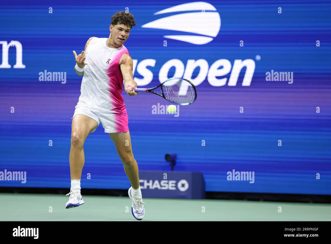 Ben Shelton in action during a men's singles semifinal match at the ...