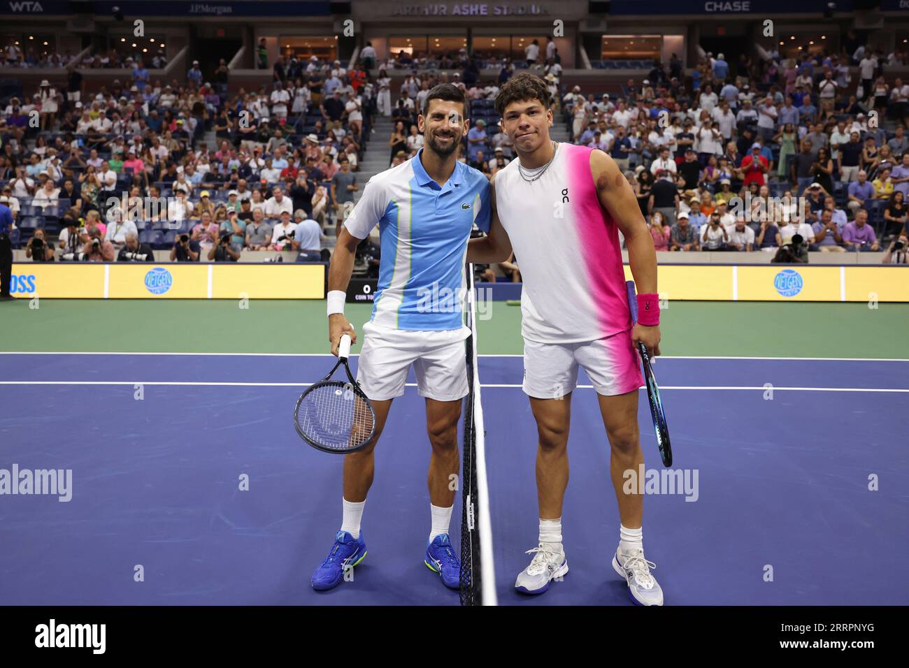 Novak Djokovic and Ben Shelton pose for a photo before a men's singles semifinal match at the ...