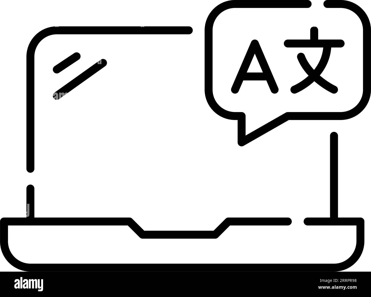 Speech bubble with translation symbols on laptop. Pixel perfect ...