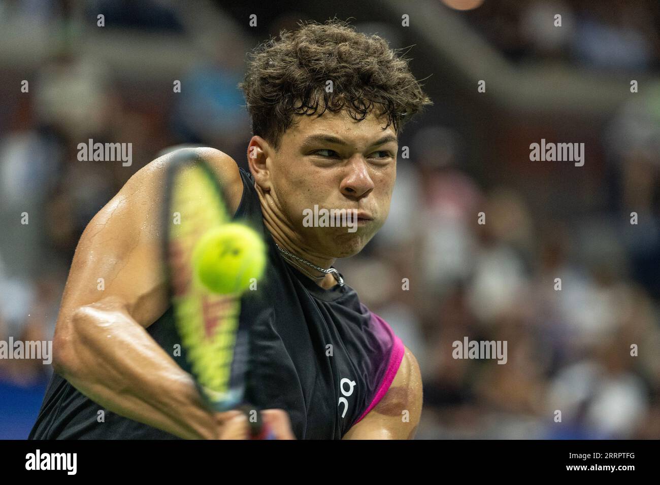 New York, USA. 08th Sep, 2023. Ben Shelton of USA returns ball during ...