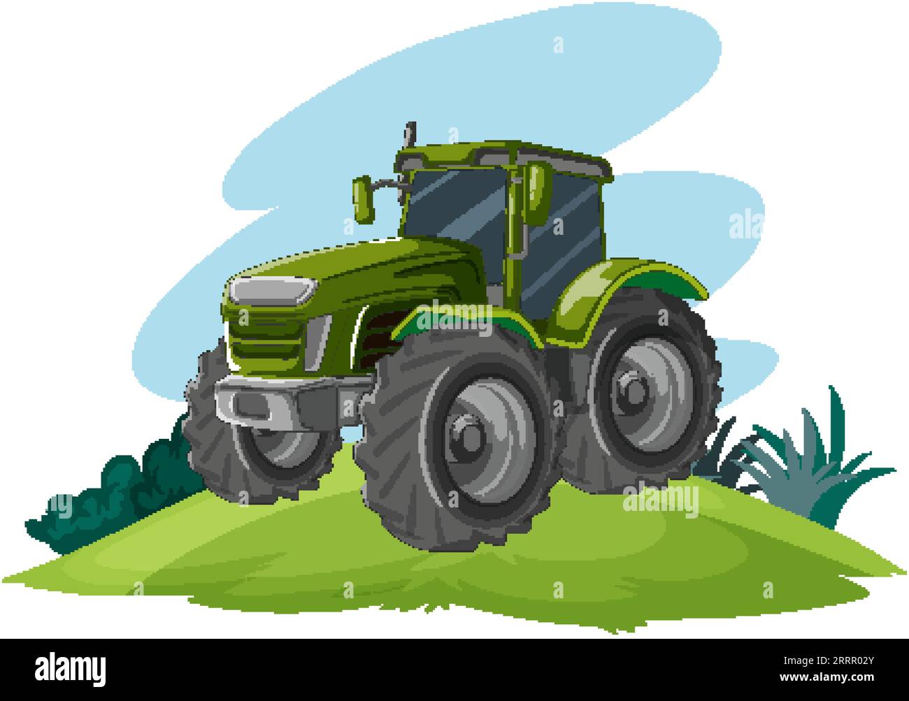 A cartoon illustration of a green tractor on a hill, isolated against a ...