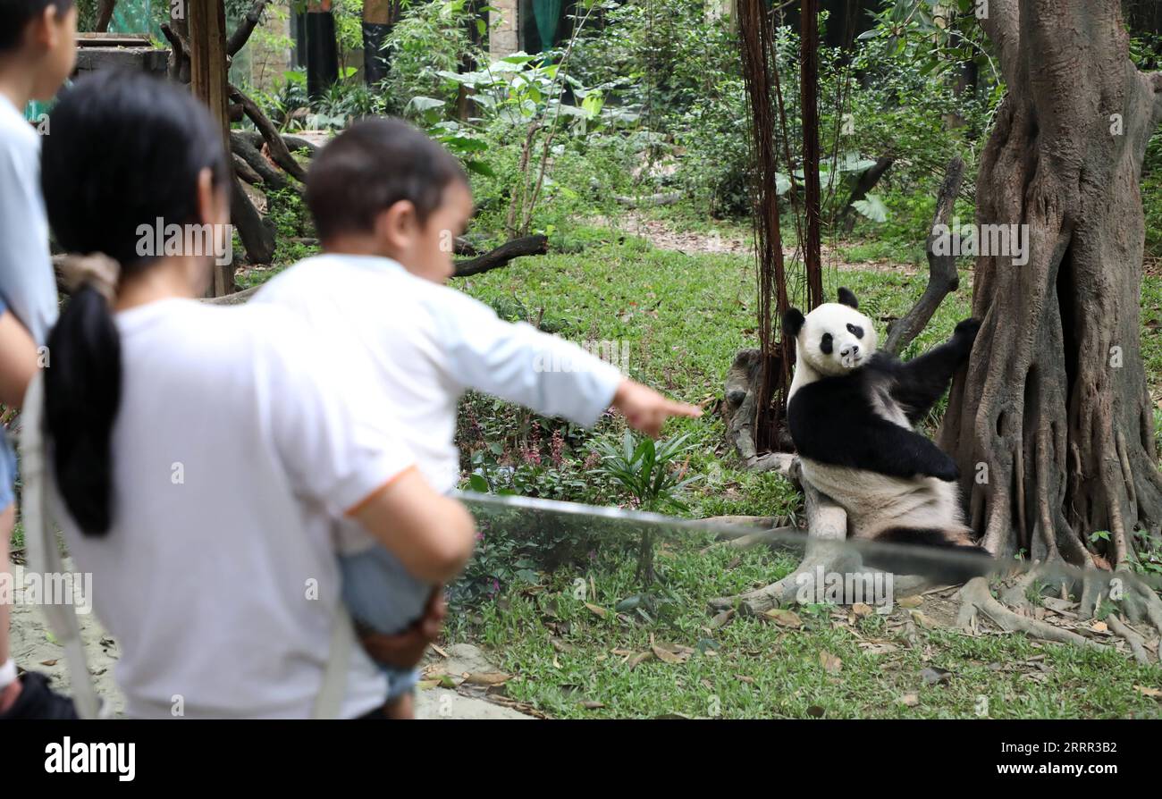 230429 -- GUANGZHOU, April 29, 2023 -- People look at a giant panda at ...