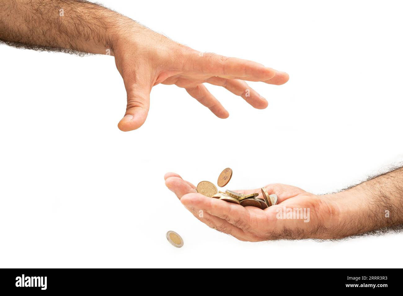 Two male arms, throwing and receving coins isolated on white background ...