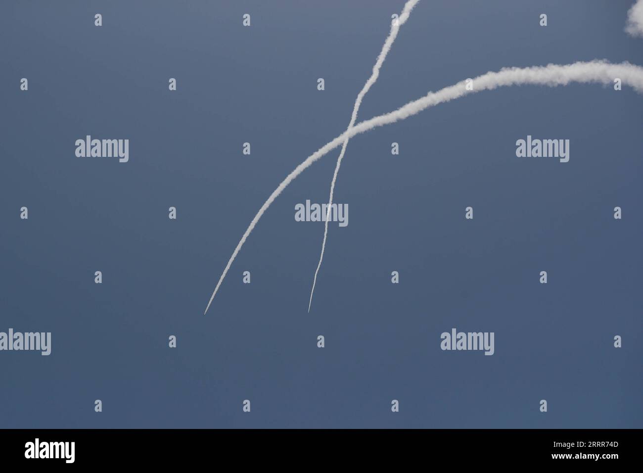 230510 -- SDEROT ISRAEL, May 10, 2023 -- Streaks of smoke are seen as ...