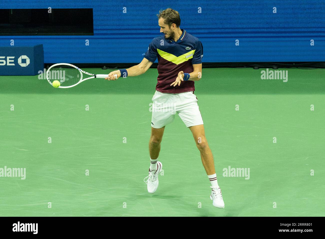 Daniil Medvedev returns ball during semifinal round against Carlos Alcaraz of Spain at the US ...