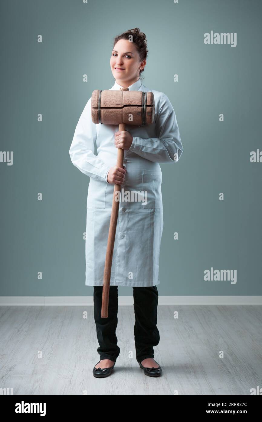 Humorously exaggerating, a scientist in a white coat, inside a blue ...