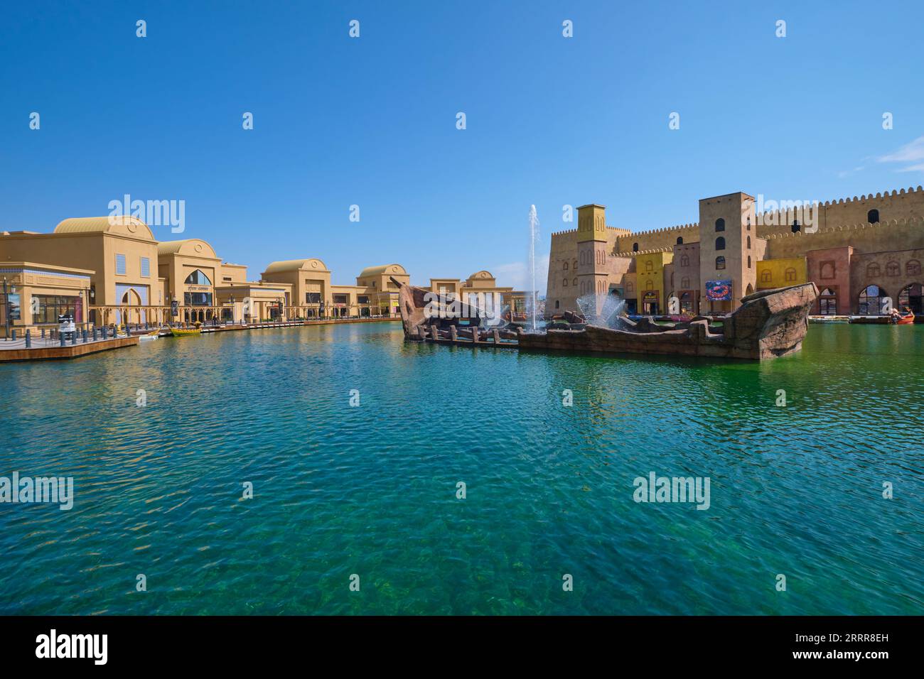 View of the giant manmade lake, old ship ruin fountain and shopping ...