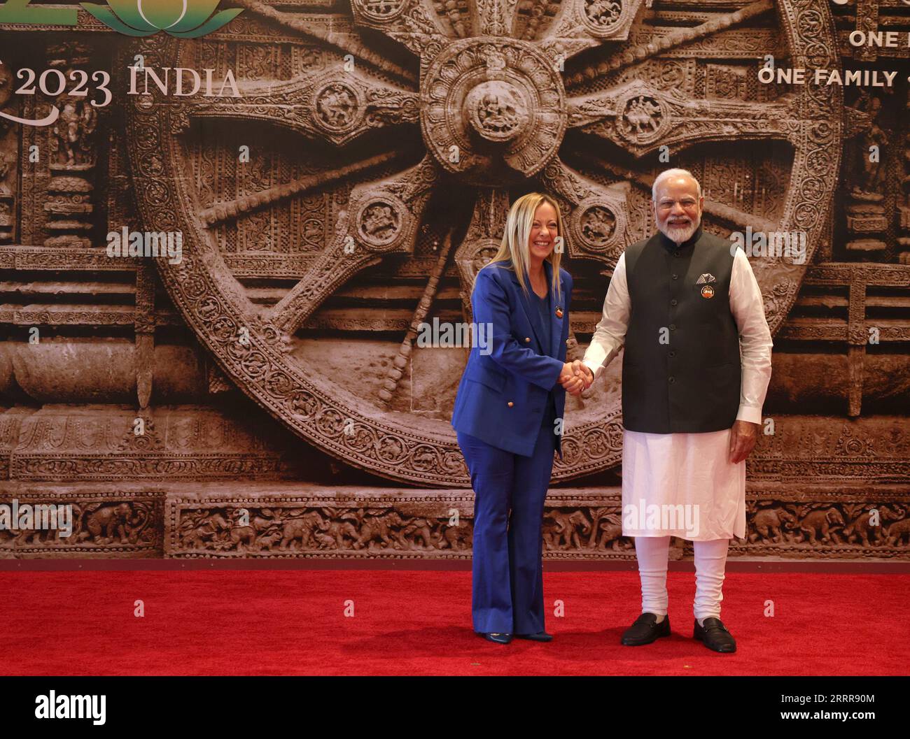 Italian Prime Minister Giorgia Meloni is greeted by Indian prime ...