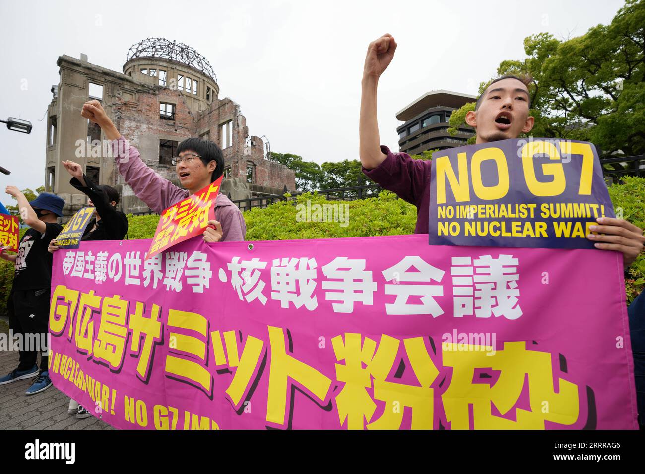 230518 -- HIROSHIMA, May 18, 2023 -- Protesters rally at the Hiroshima ...
