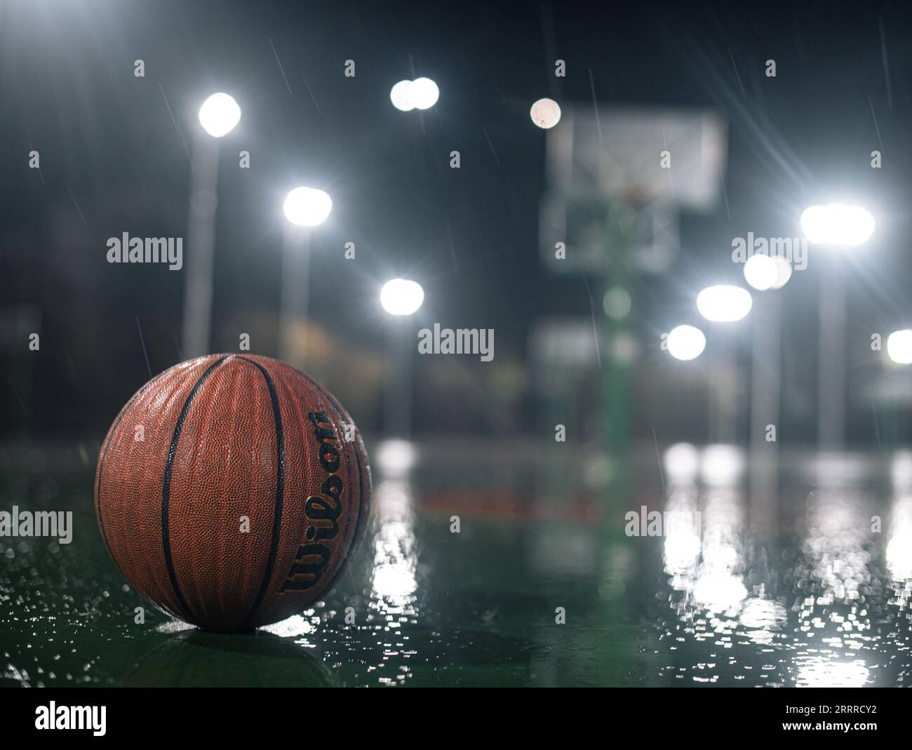 An official Wilson basketball resting atop a bright green court surface ...