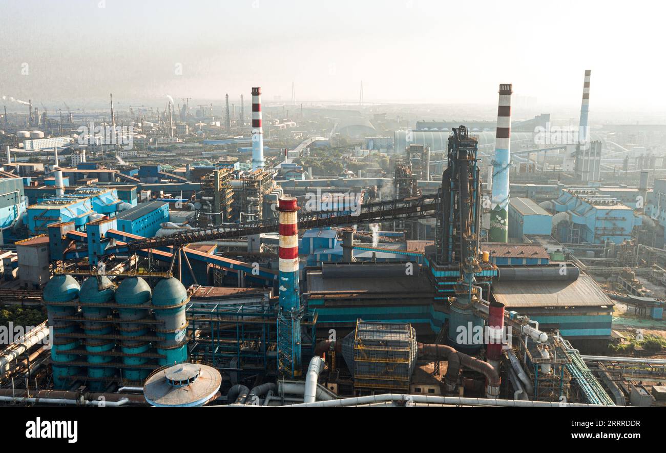 An aerial view of the Wuhan Iron and Steel Plant in the early morning ...