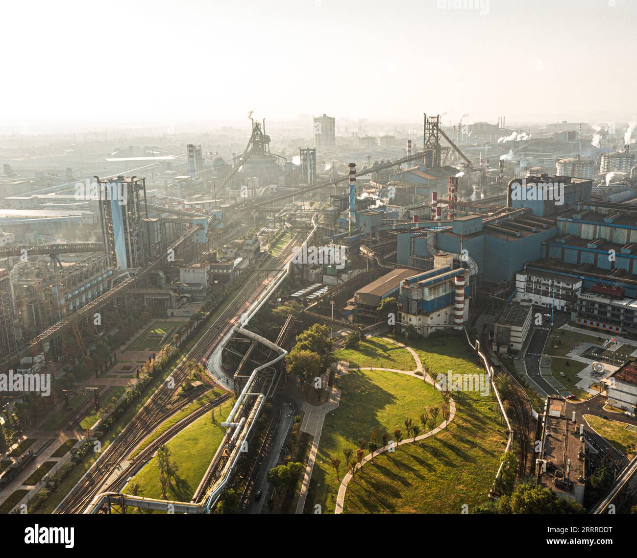 An aerial view of the Wuhan Iron and Steel Plant in the early morning ...