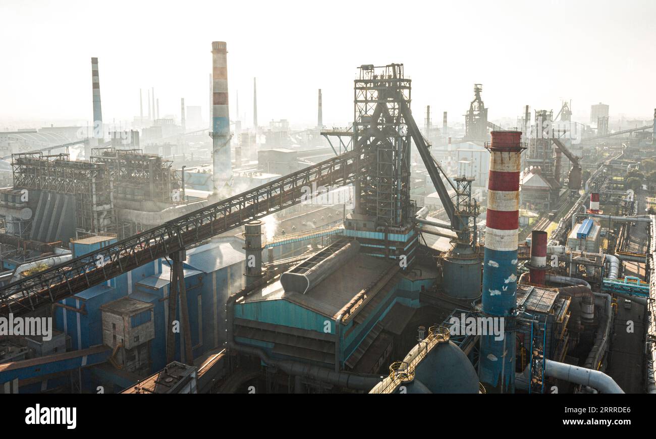 An aerial view of the Wuhan Iron and Steel Plant in the early morning ...