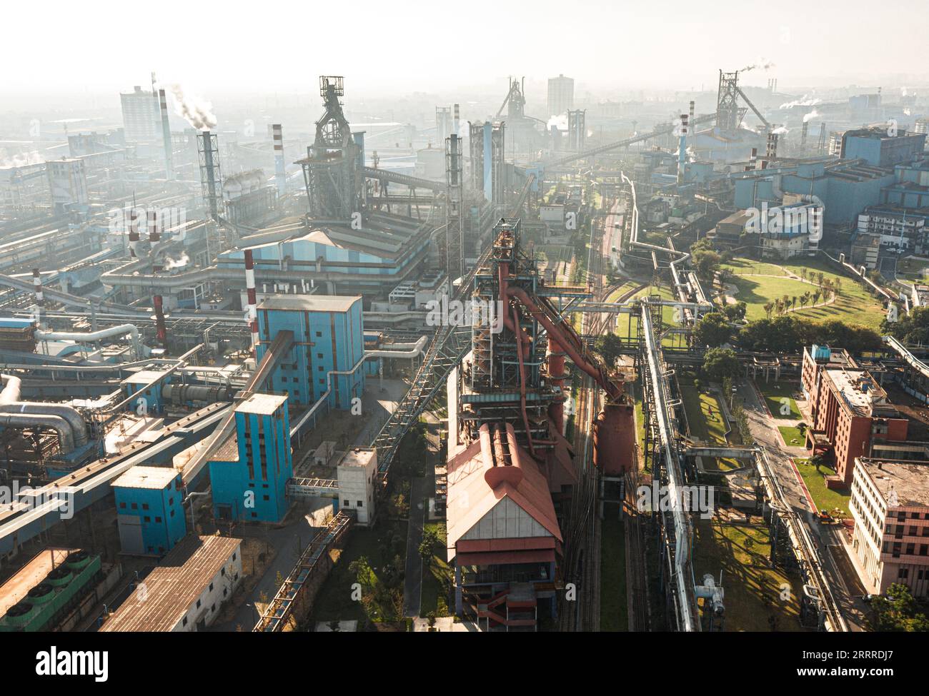 An aerial view of the Wuhan Iron and Steel Plant in the early morning ...