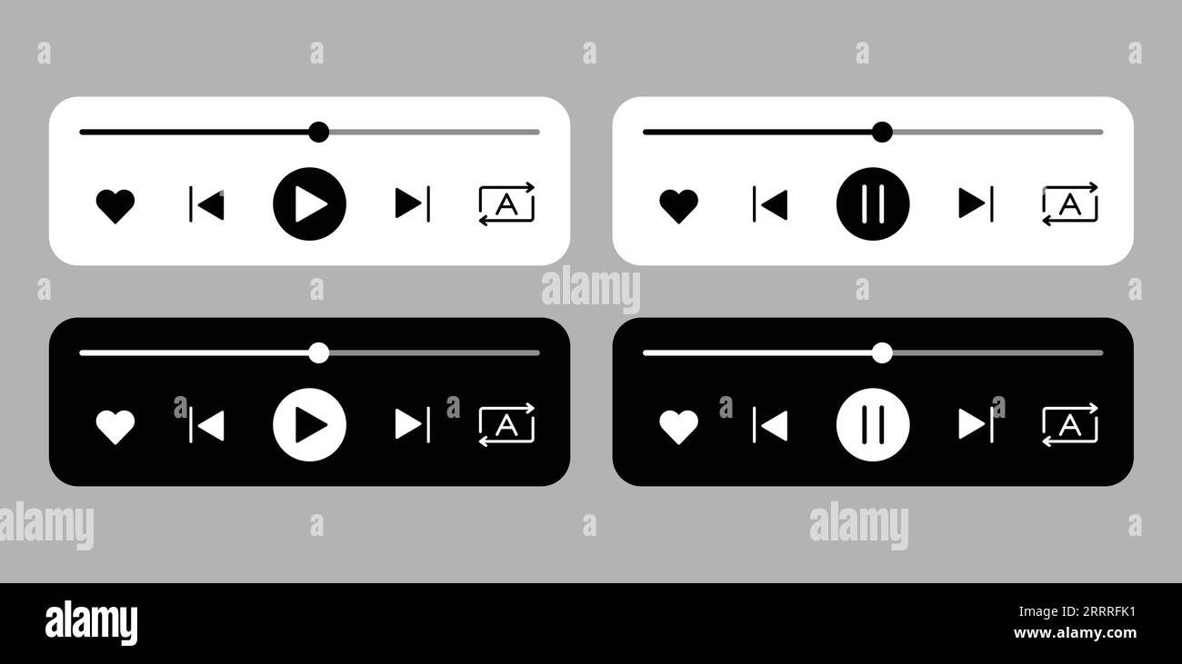 Music player play pause forward backward user interface (ui) design background. Light and dark ...