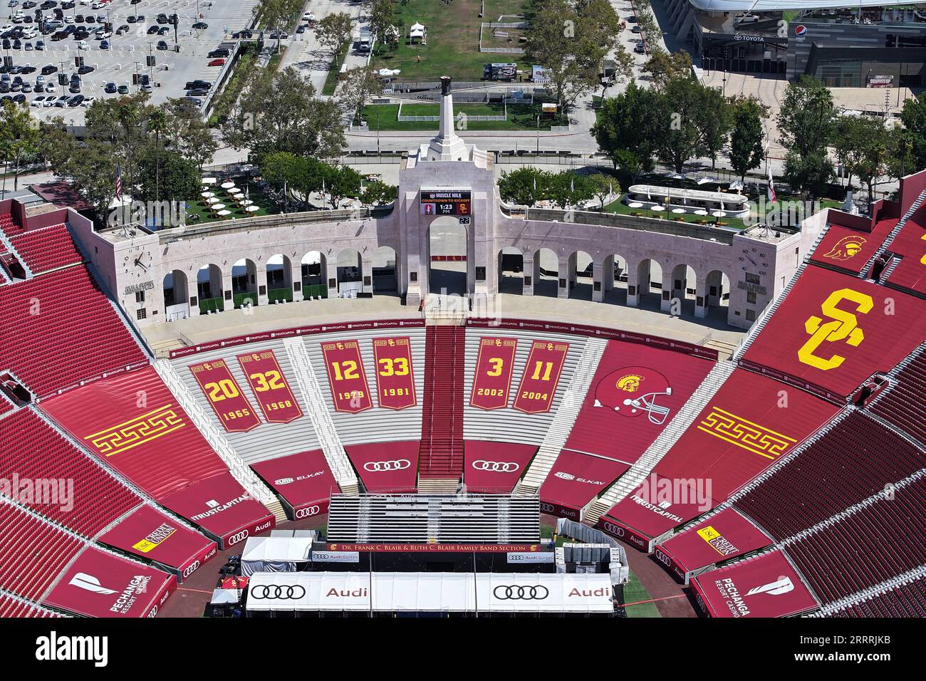 A general view of the jersey banners of Southern California Trojans ...