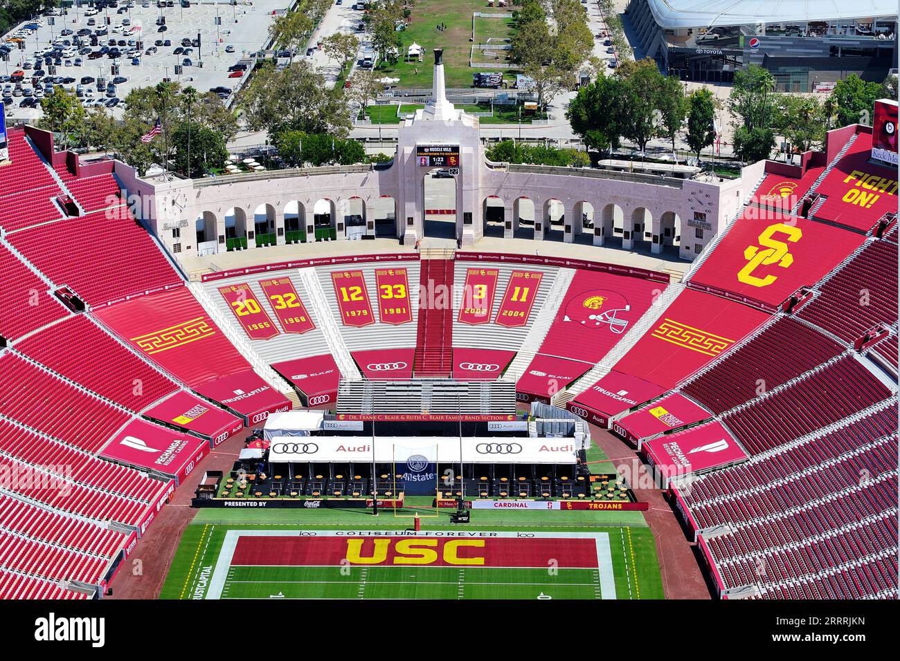 A general view of the jersey banners of Southern California Trojans ...