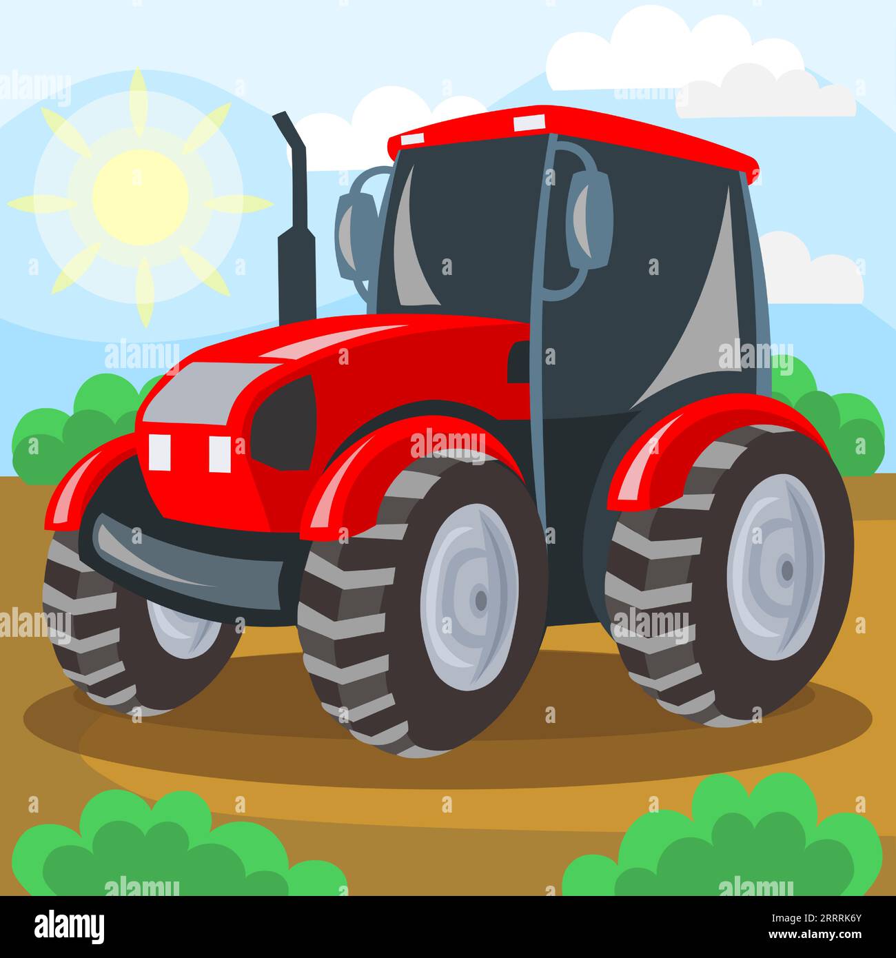 Red tractor on field during cultivation work - vector image ...
