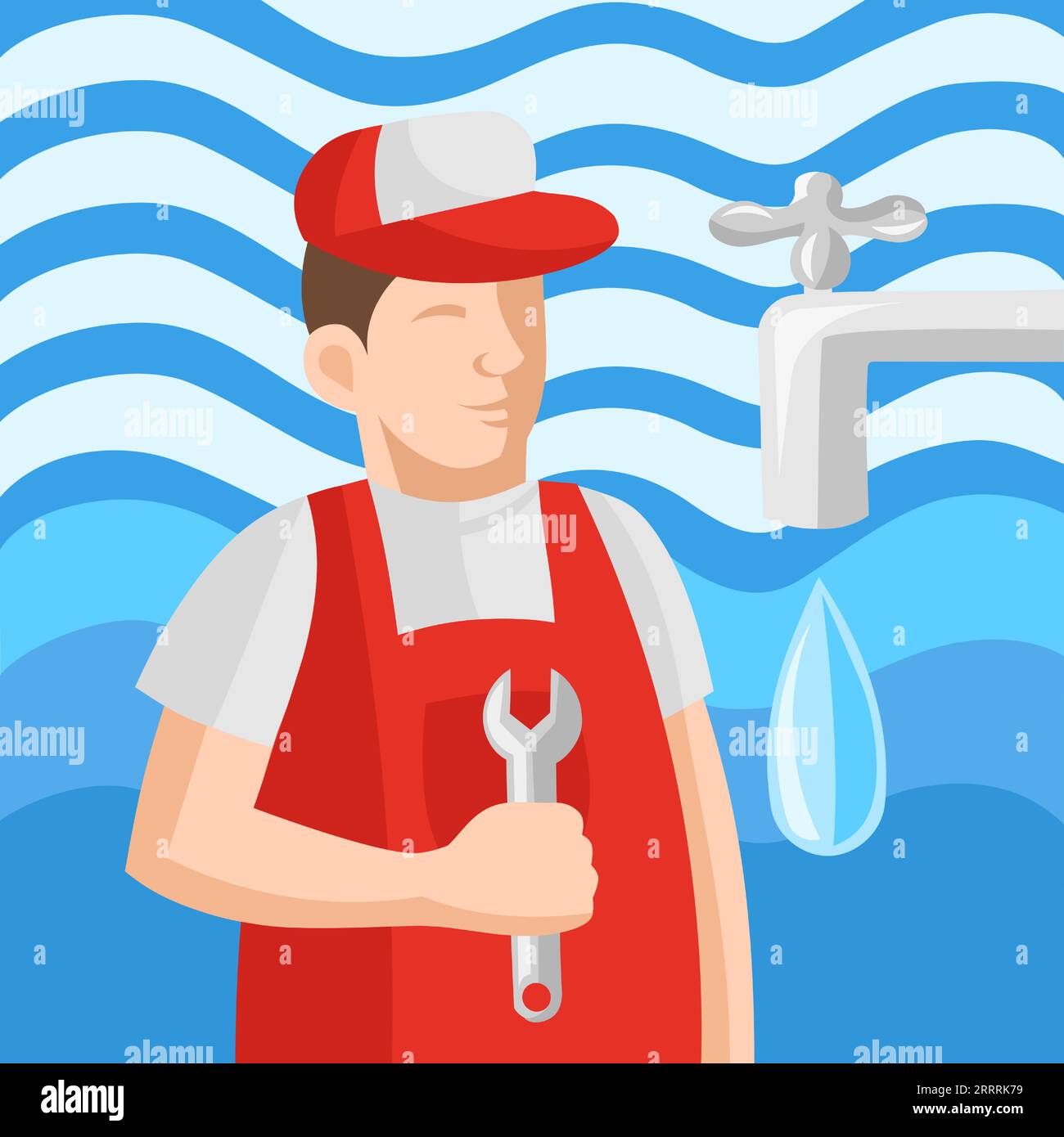 Plumber in uniform with wrench during plumbing service works with water ...