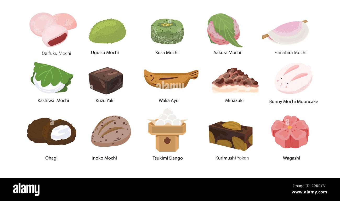 Set of various japanese pasrty mochi, wagashi and traditional sweets ...