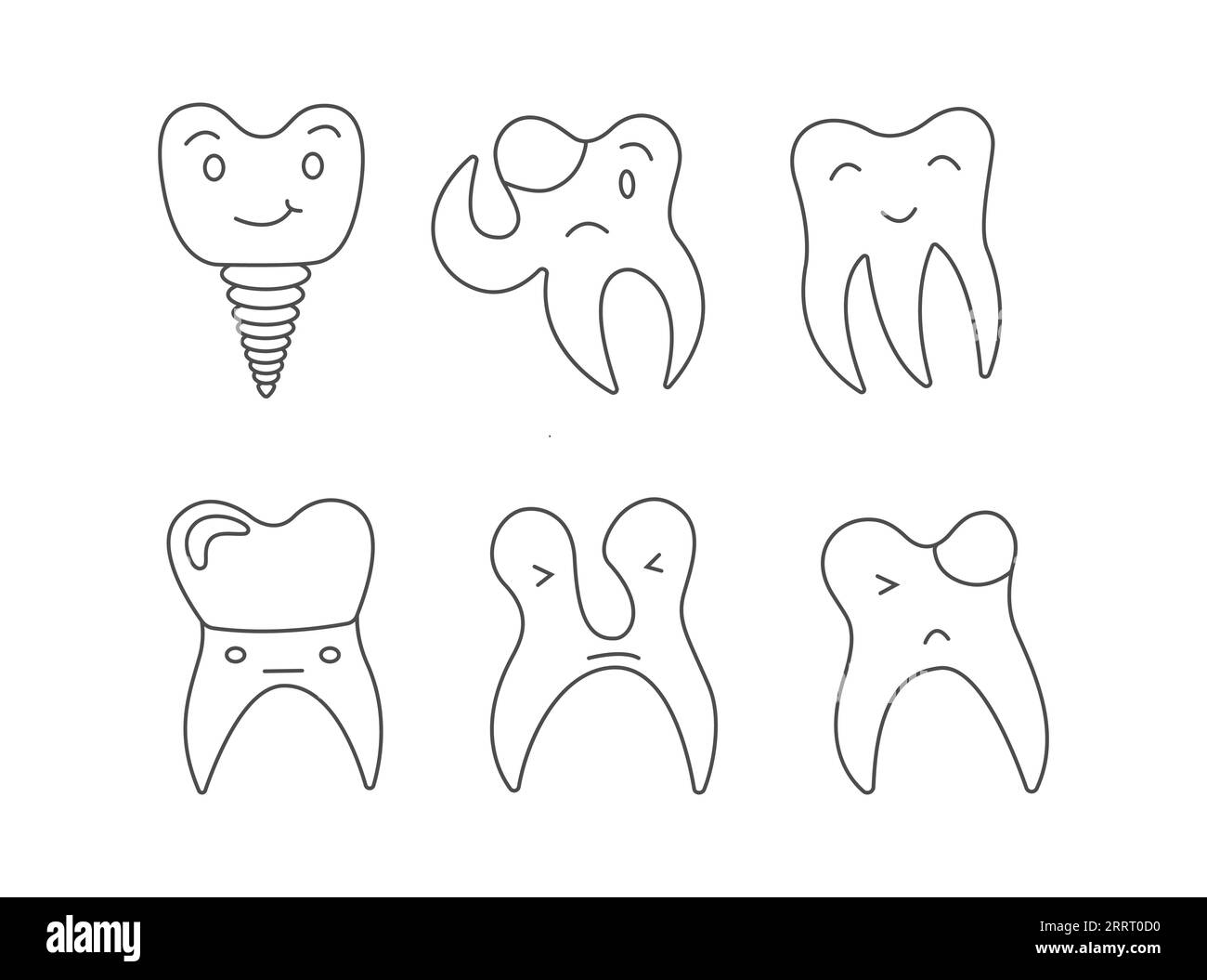 Oral Hygiene Concept Cute Doodle Teeth Characters With Caries Implant