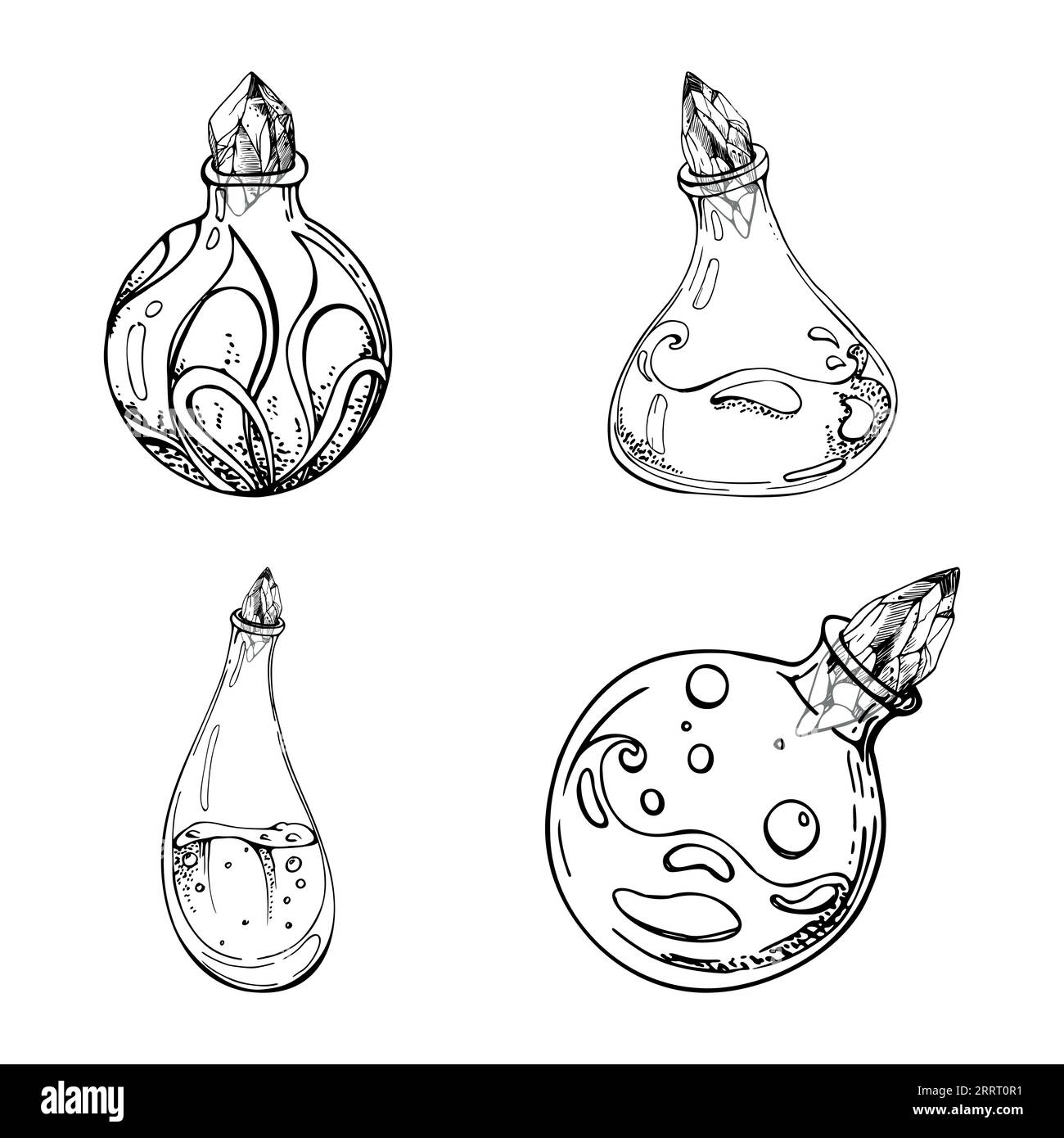 Hand drawn ink vector glass jar vial bottle with crystal. Sketch ...