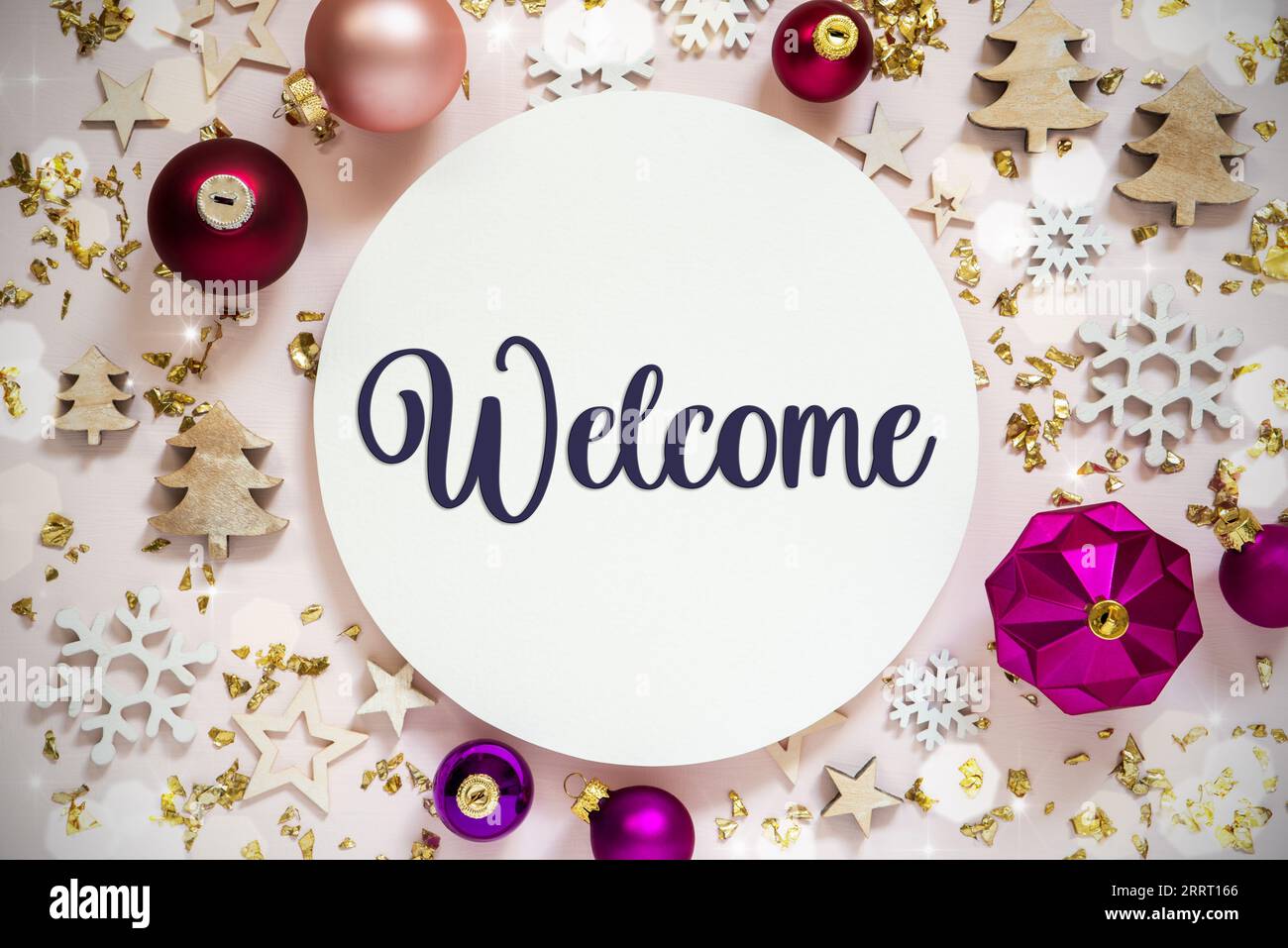 Purple And Festive Christmas Background With Text Welcome Stock Photo ...