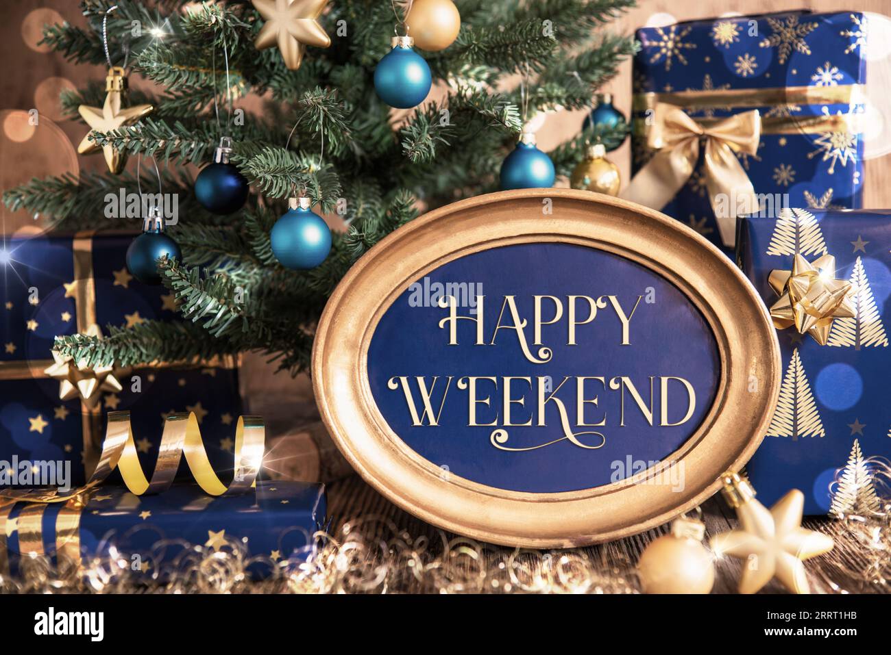 Oval Frame With Text Happy Weekend, Christmas Tree Background Stock ...