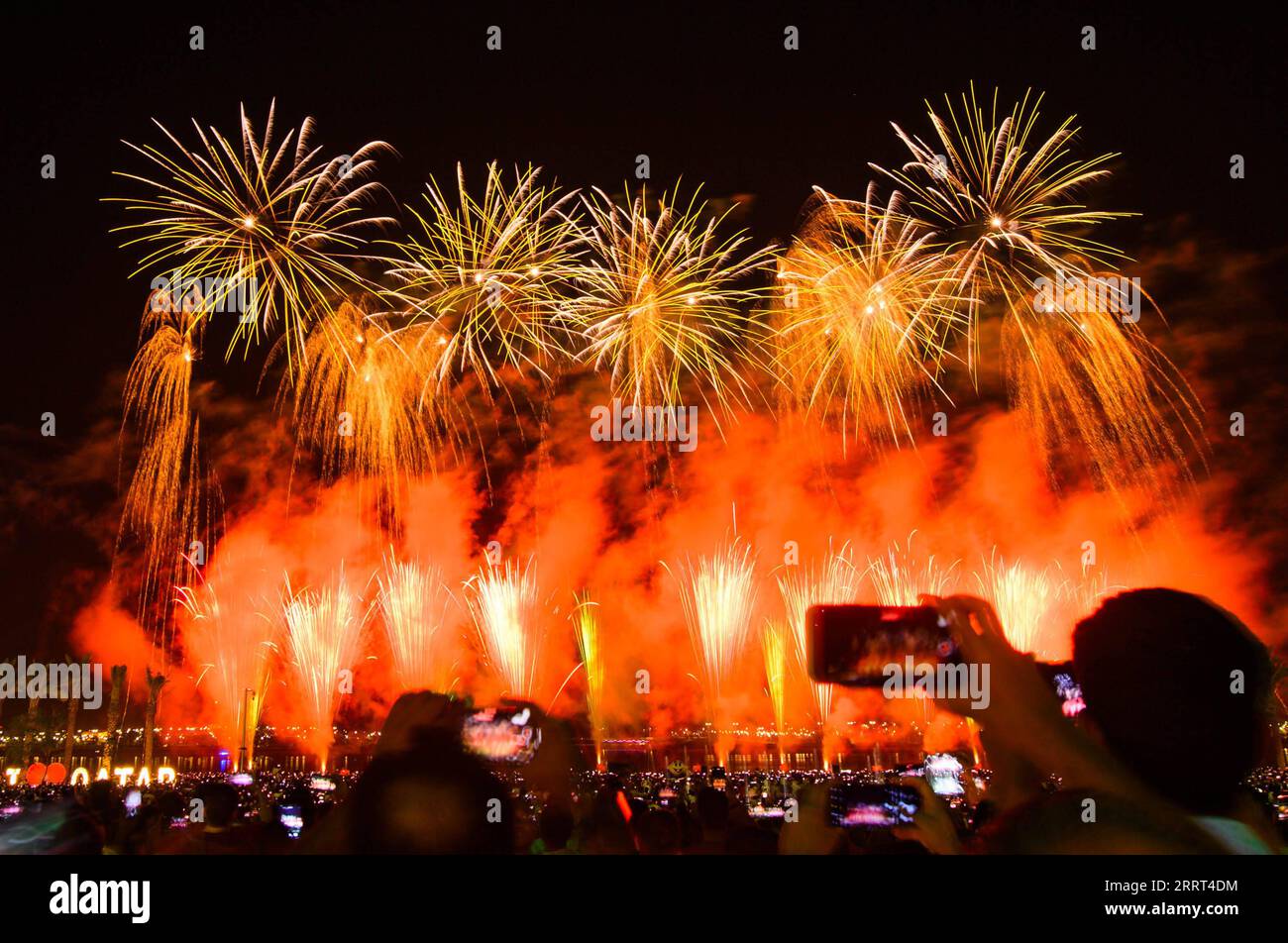 230629 -- DOHA, June 29, 2023 -- Fireworks light up the sky over Lusail ...