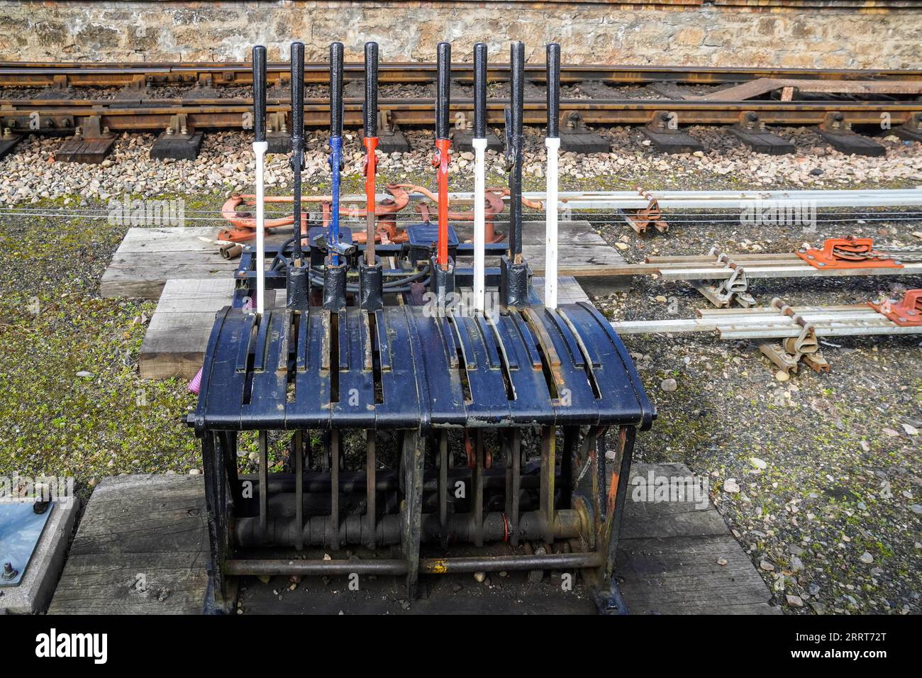 Traditional manual lever switchgear used for changing railway points ...
