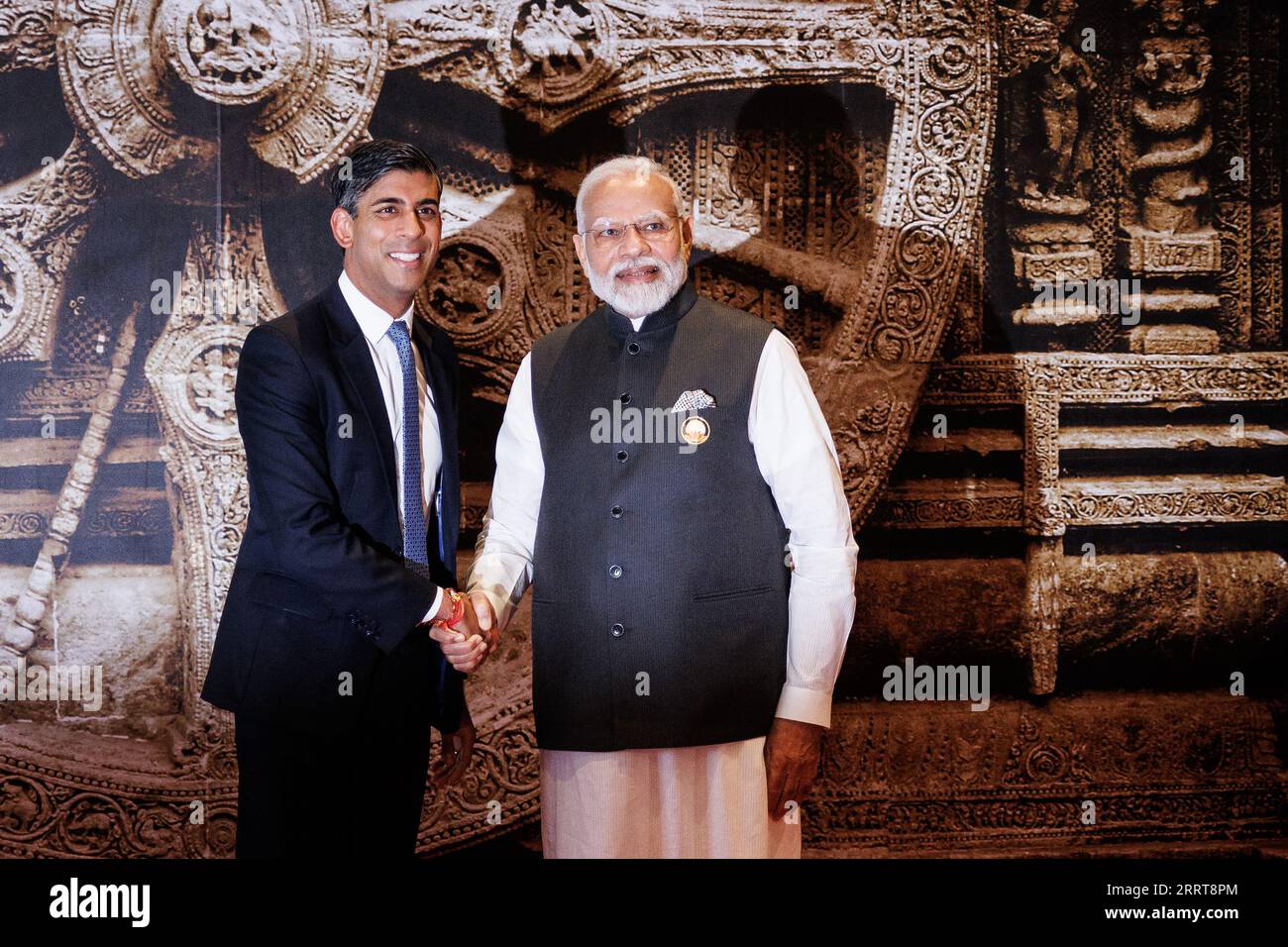 Prime Minister Rishi Sunak is greeted by Indian prime minister Narendra ...