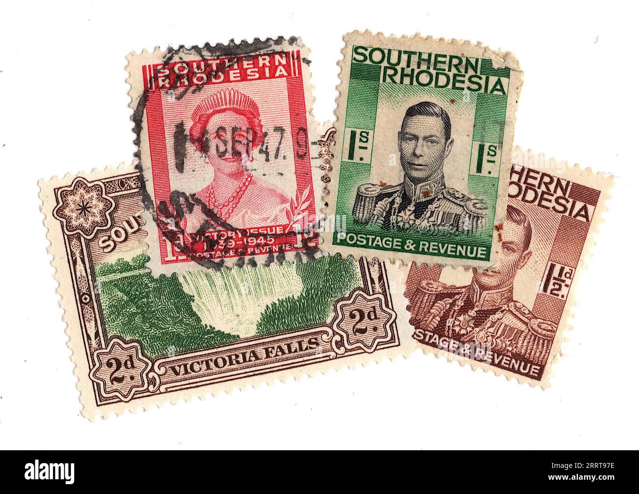 Vintage postage stamps from Southern Rhodesia on a white background ...
