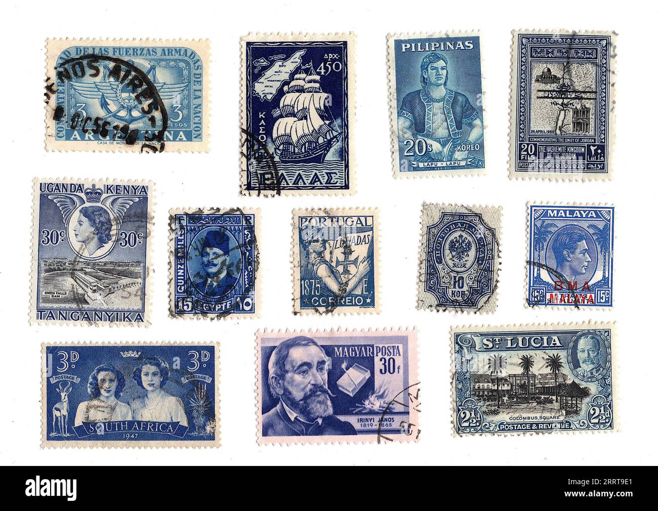 Blue vintage postage stamps from around the world on a white background ...