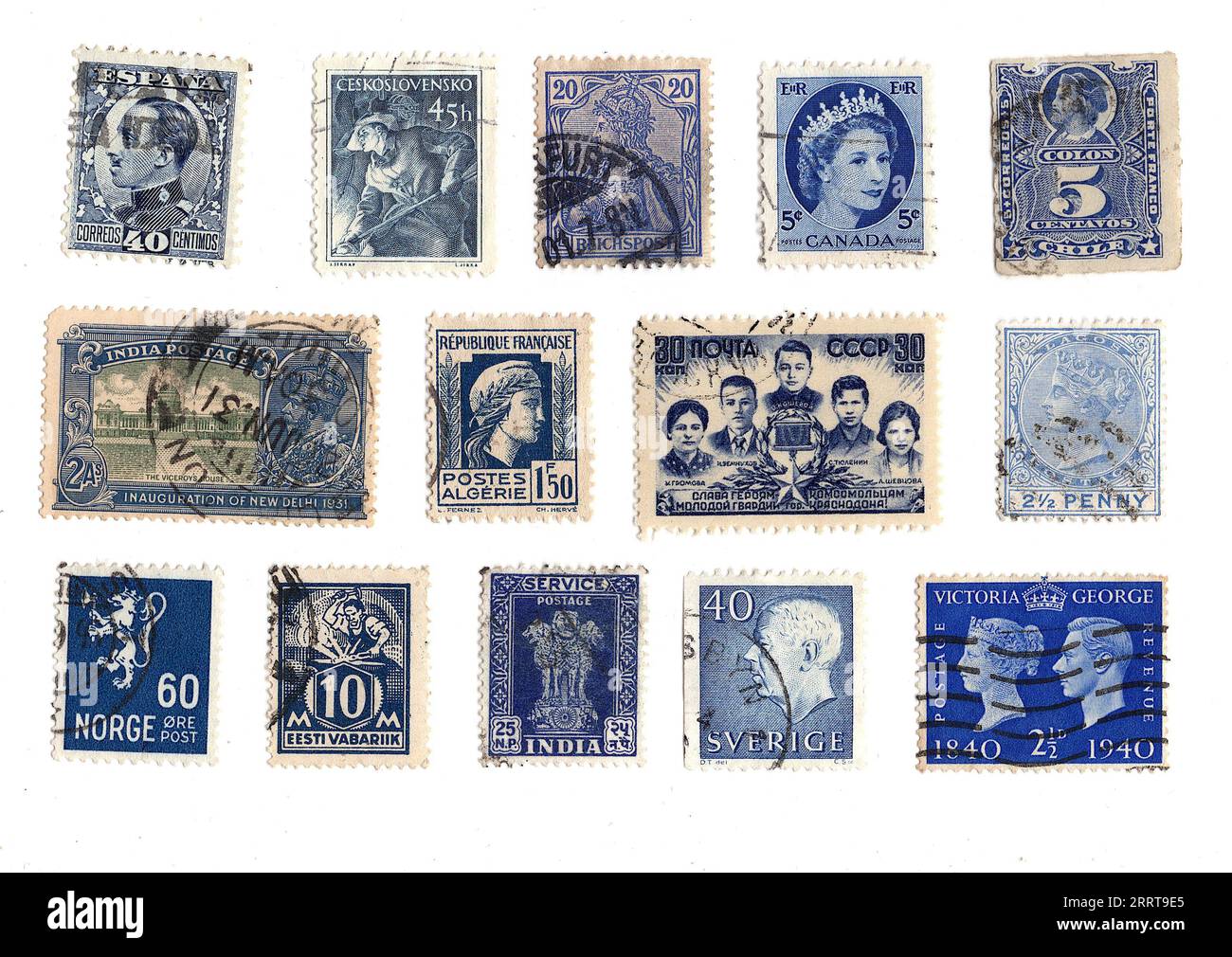 Blue vintage postage stamps from around the world on a white background ...