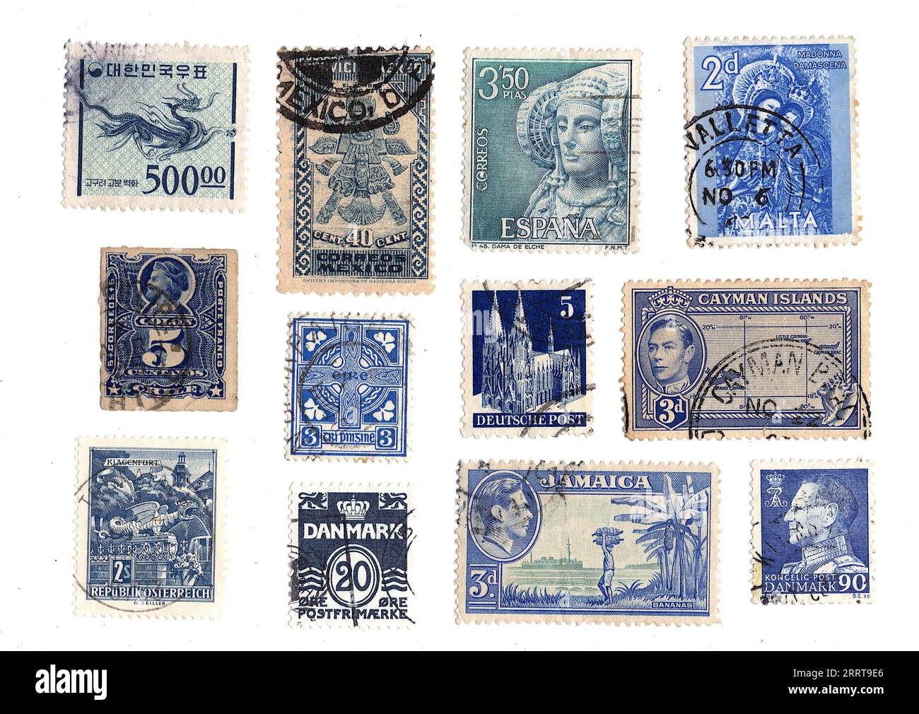 Blue vintage postage stamps from around the world on a white background ...