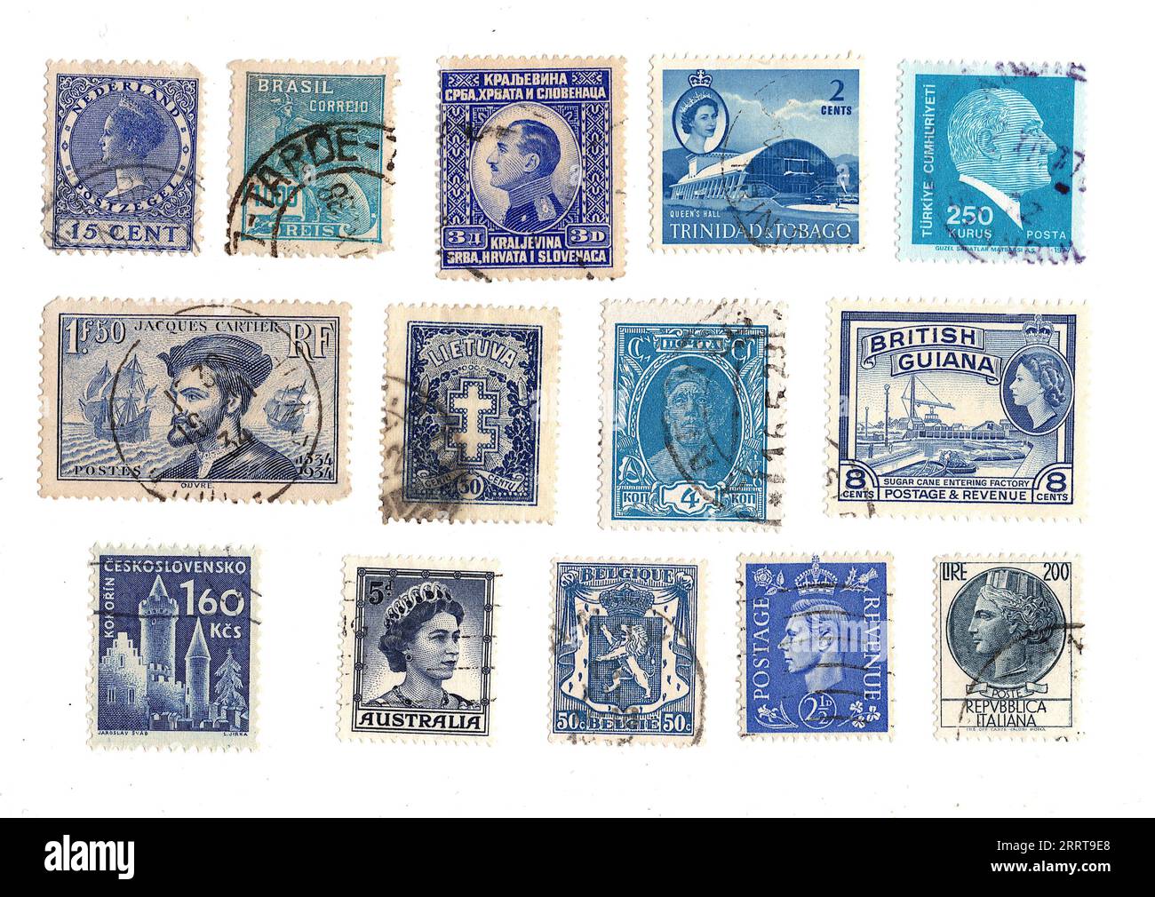 Blue vintage postage stamps from around the world on a white background ...
